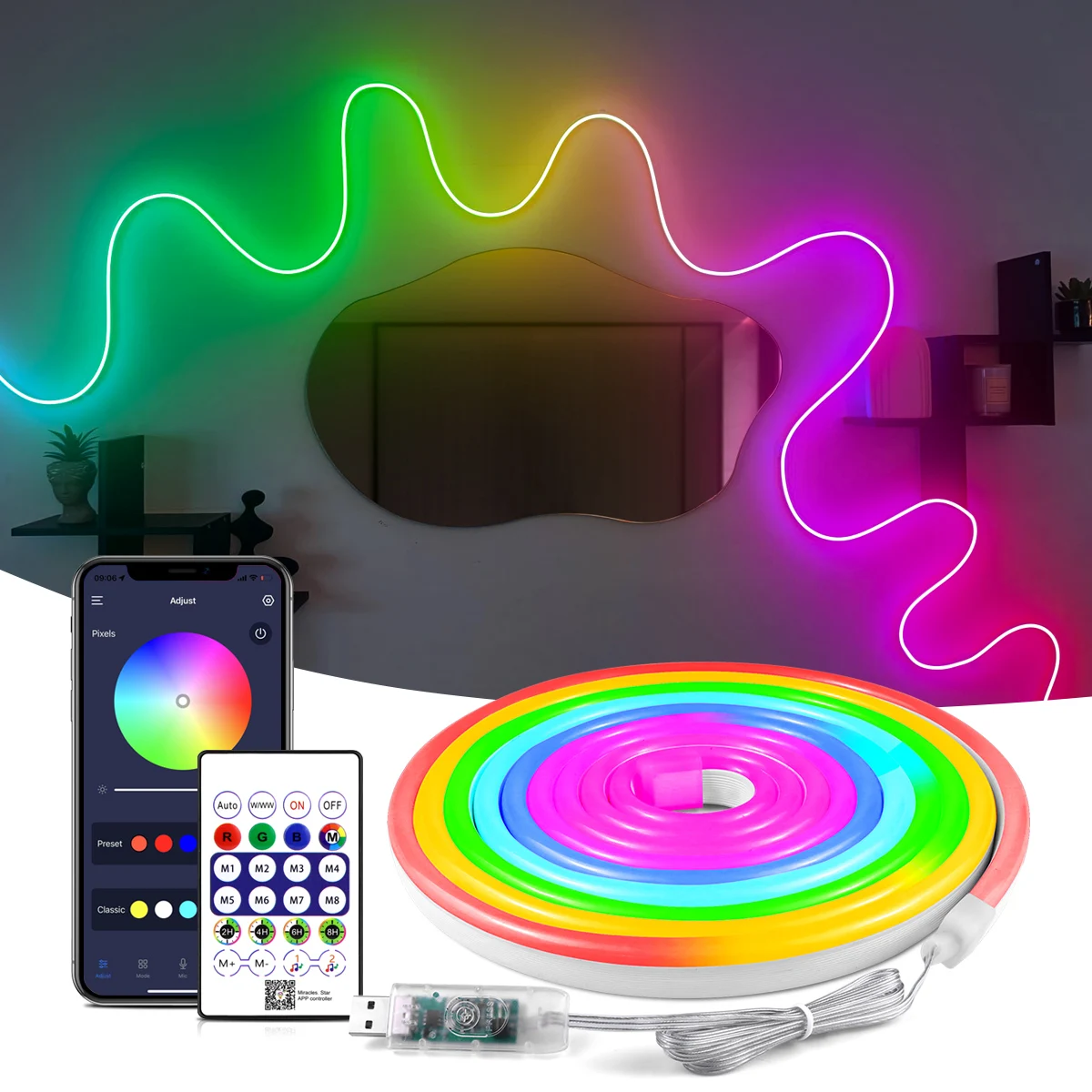 Bluetooth-COB-LED-Strip-Light-8MM-576LEDs-M-USB-RGB-LED-Tape-Ribbon-TV ...