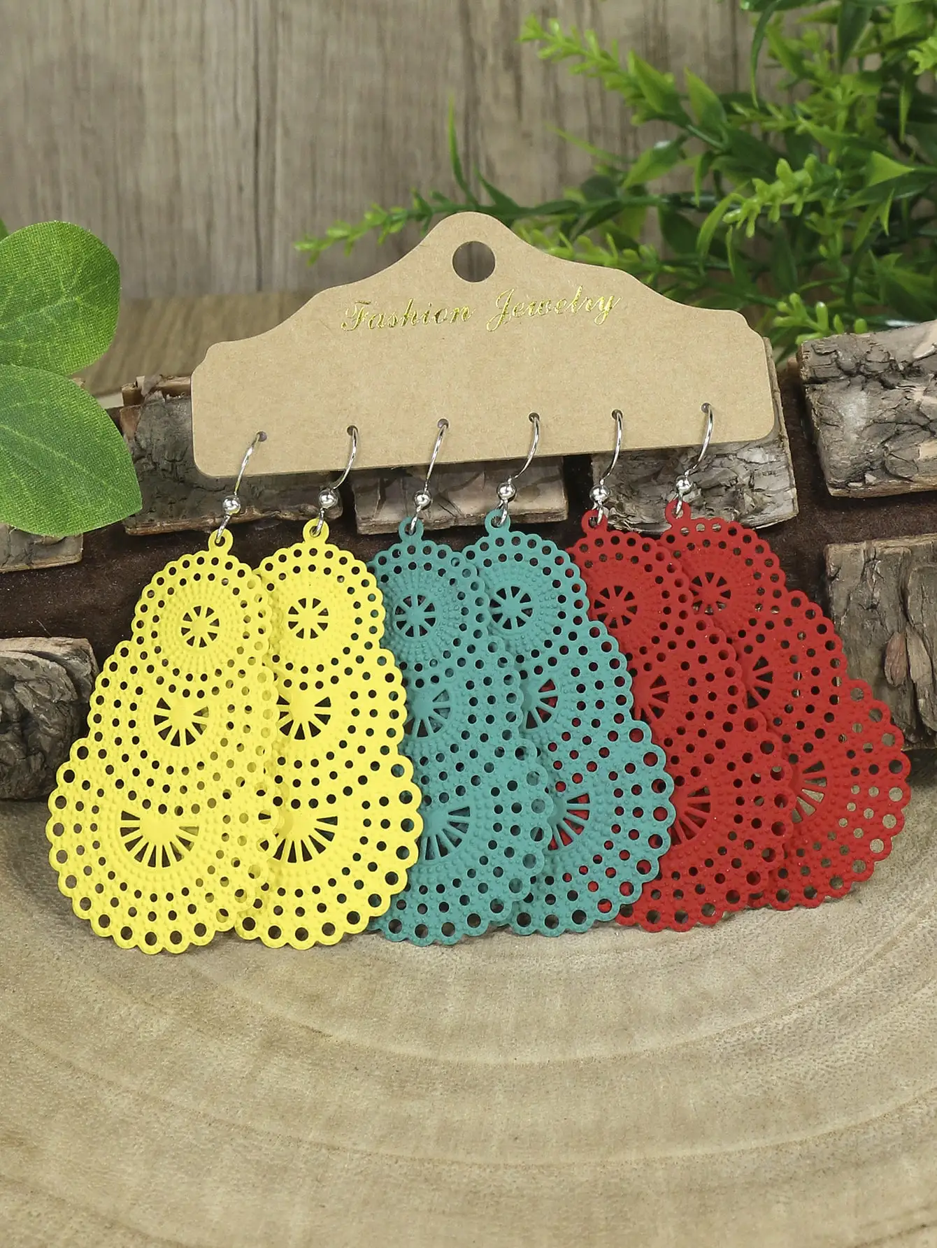 3 Pairs Colorful Geometric Hollow Drop Earrings For Women's Bohemian ...