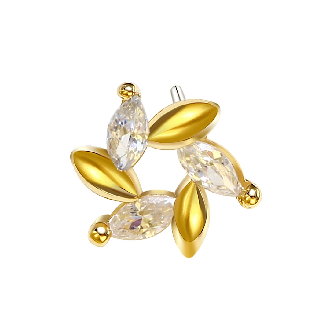 14K Solid Gold Flower Shape Push Pin Threadless Labret With Clear CZ ...