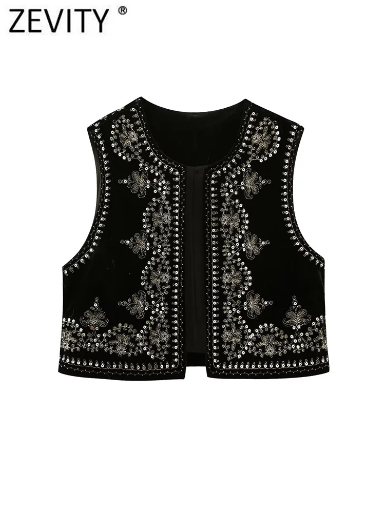 Zevity-Women-Vintage-O-Neck-Sequins-Flower-Embroidery-Short-Vest-Jacket ...