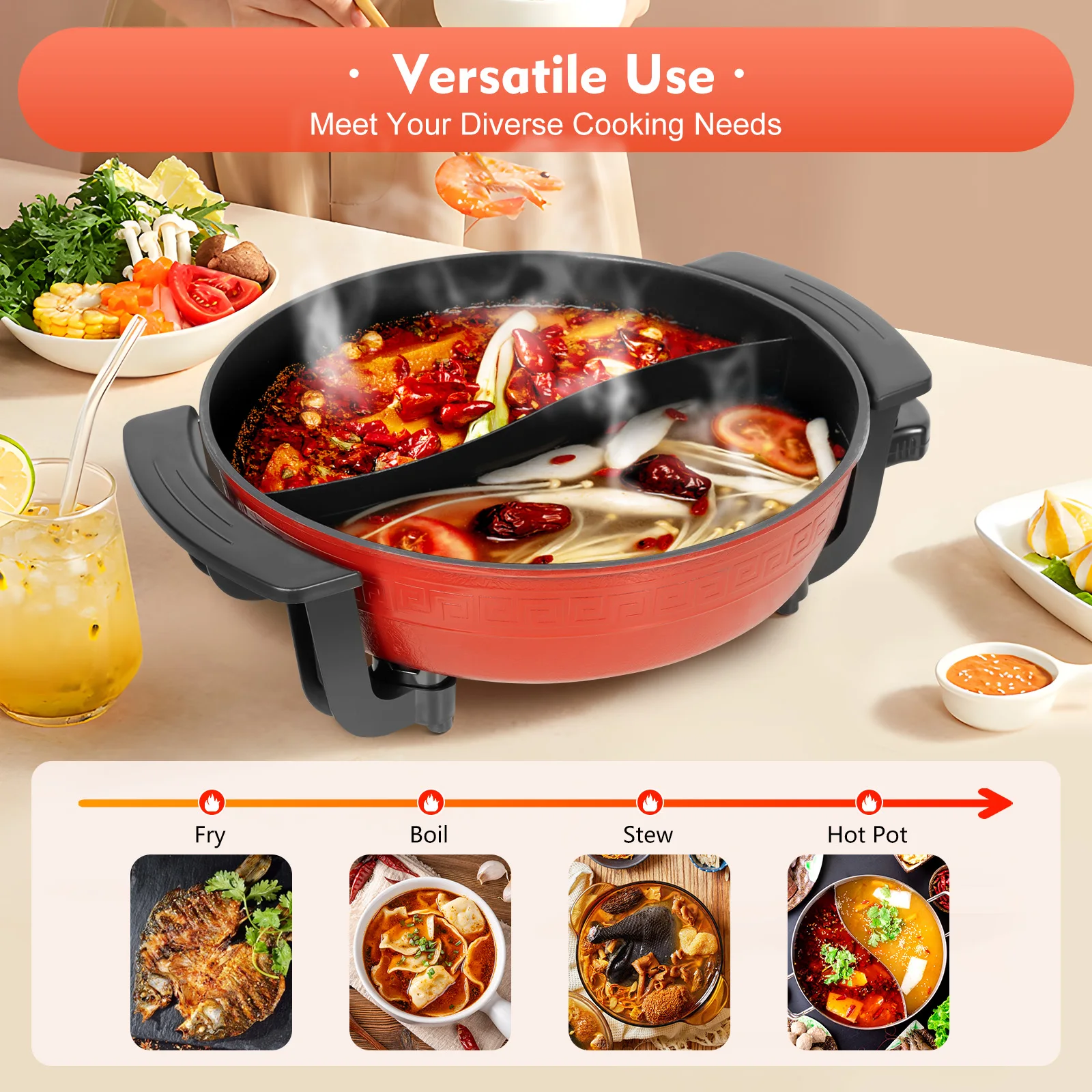 1300W 6L Electric Twin Hot Pot with Lid Kitchen Skillet Countertop ...