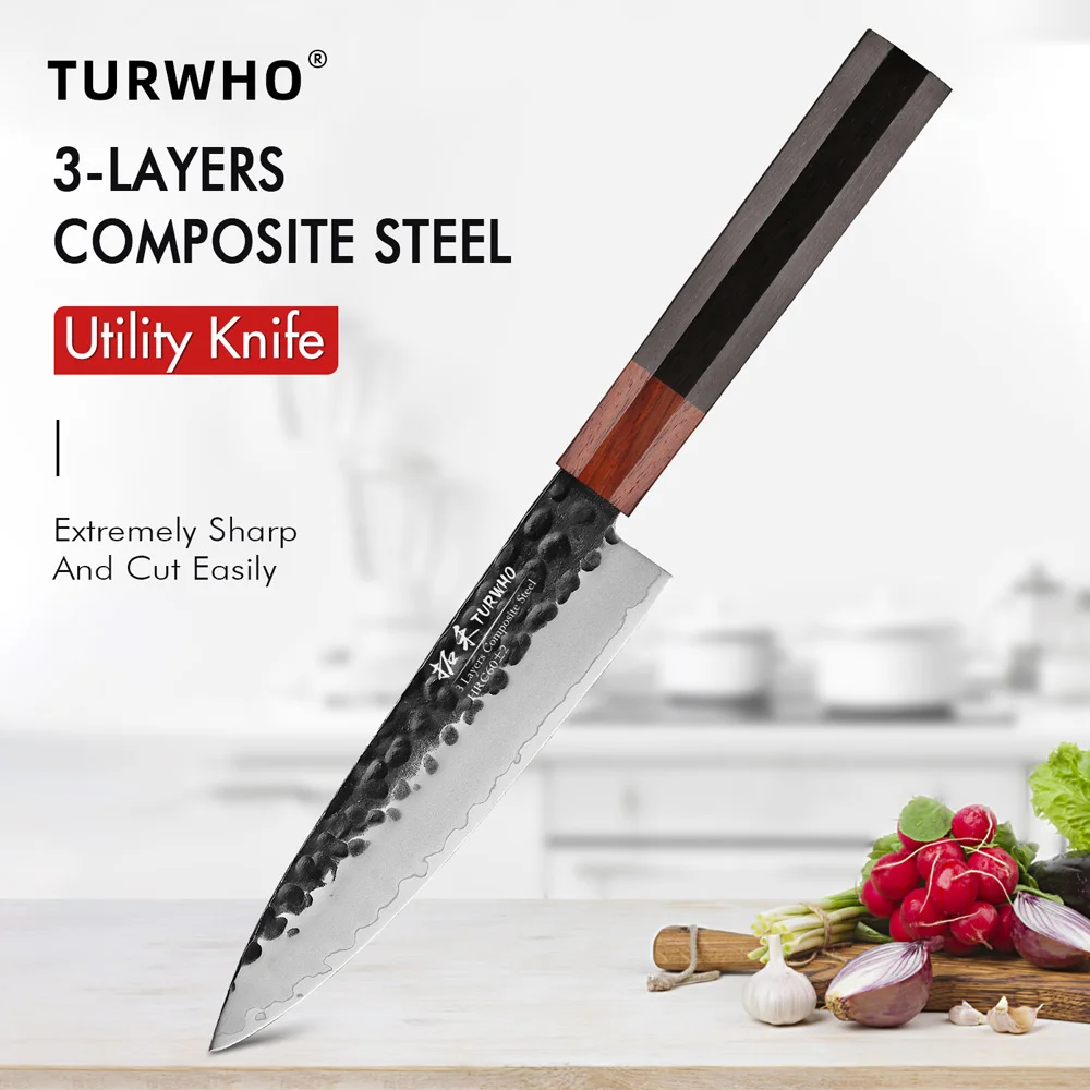 TURWHO 5.5-inch Hand Forged Kitchen Utility Knives 3 Layers Composite ...