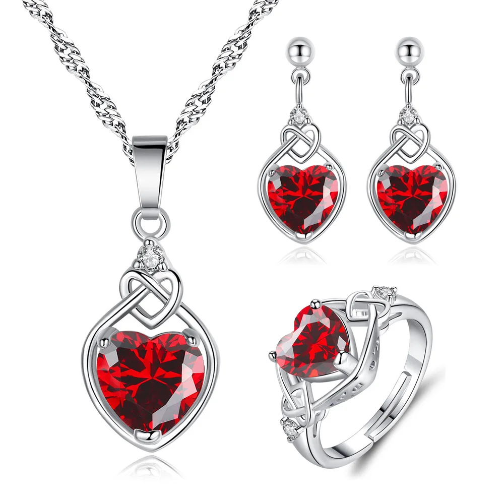 3pcs-925-Sterling-Silver-Jewelry-Set-Red-Heart-Zircon-Elegant-Women-s ...