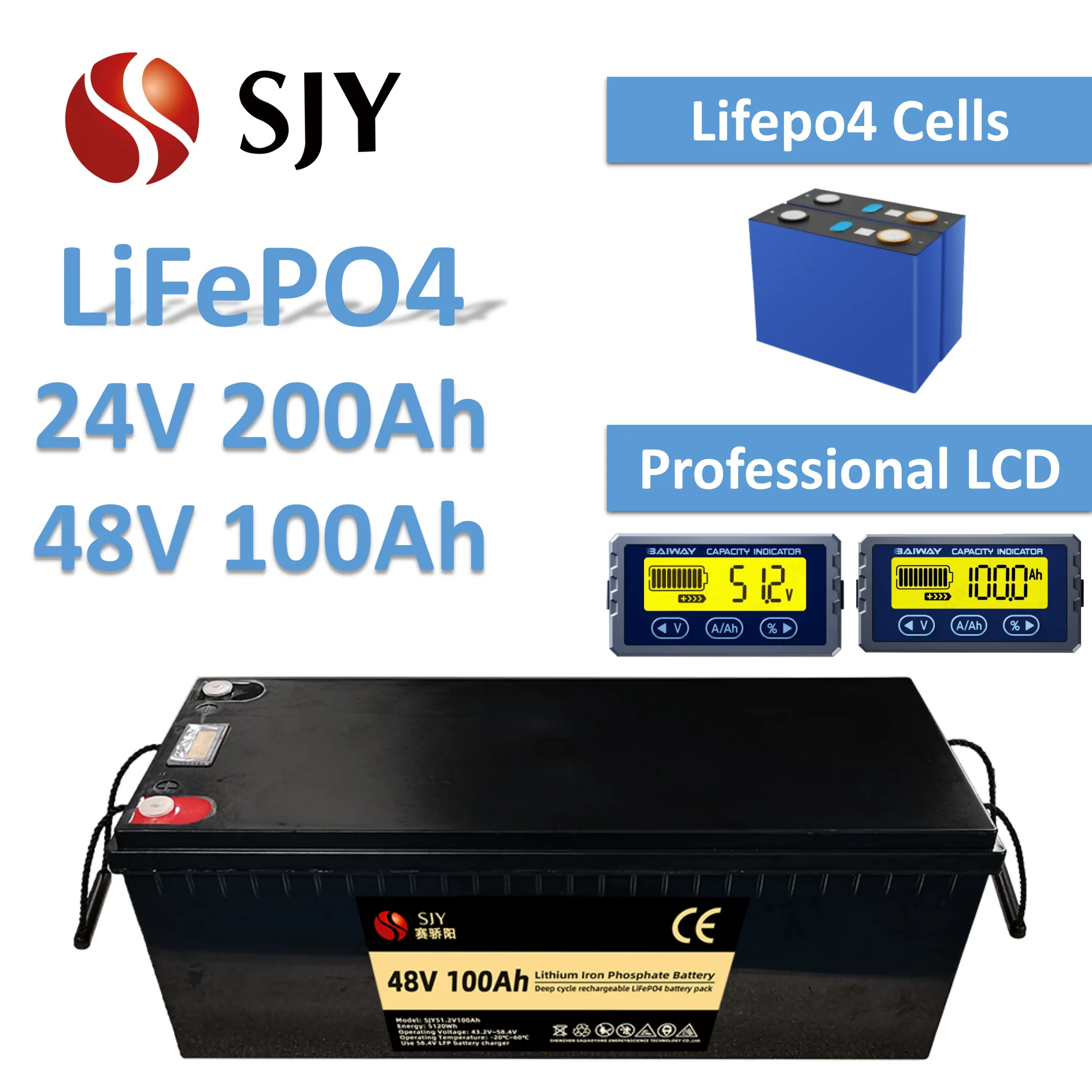 LiFePO4 48V 100Ah 50Ah 24V 200Ah Lithium Battery with Coulomb Meter for ...