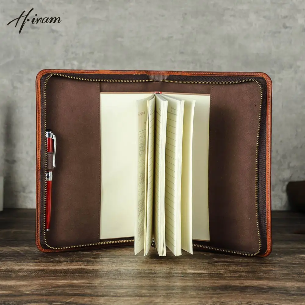 Retro Genuine Leather Zipper Clutch A5 Book Cover Journal Office Diary ...