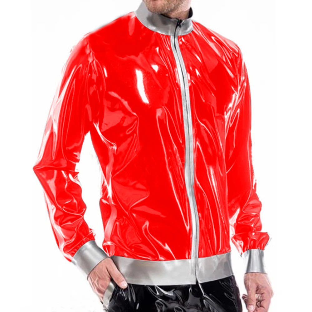Men's Wetlook PVC Leather Jacket, Long Sleeve, Zipper, Stand Collar ...