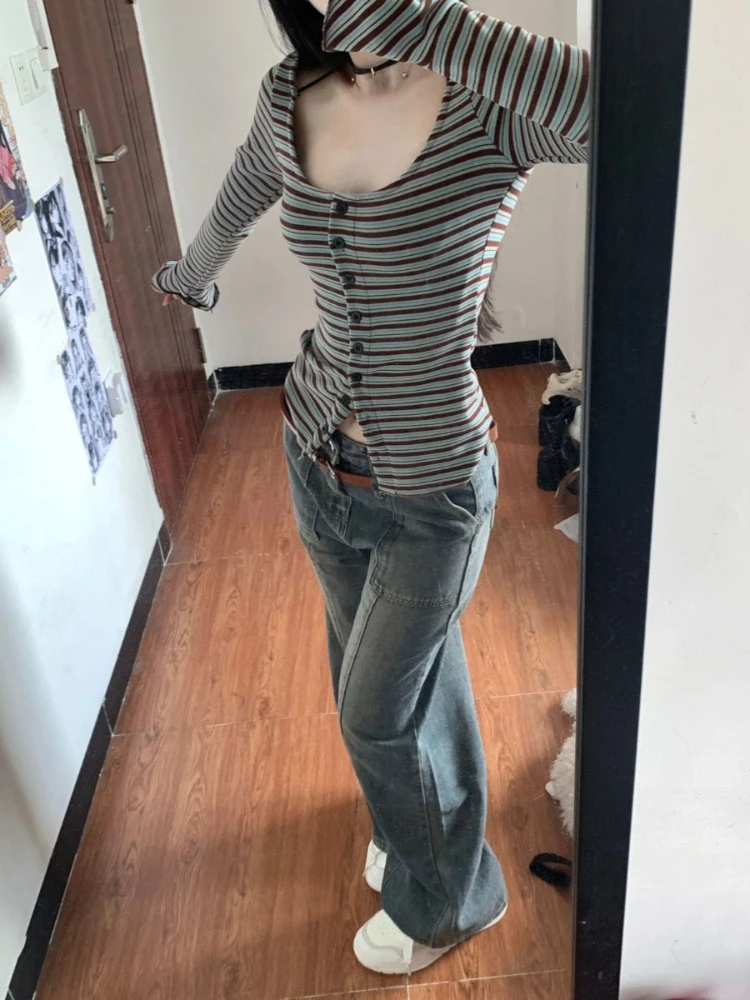 Autumn-Trendy-Sexy-Striped-Contrast-Color-Crop-Top-Y2k-Slim-Bottoming ...