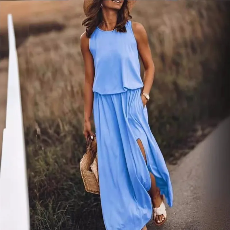 Vacation Solid Beach Maxi Dress Casual O Neck Sleeveless Front Split ...