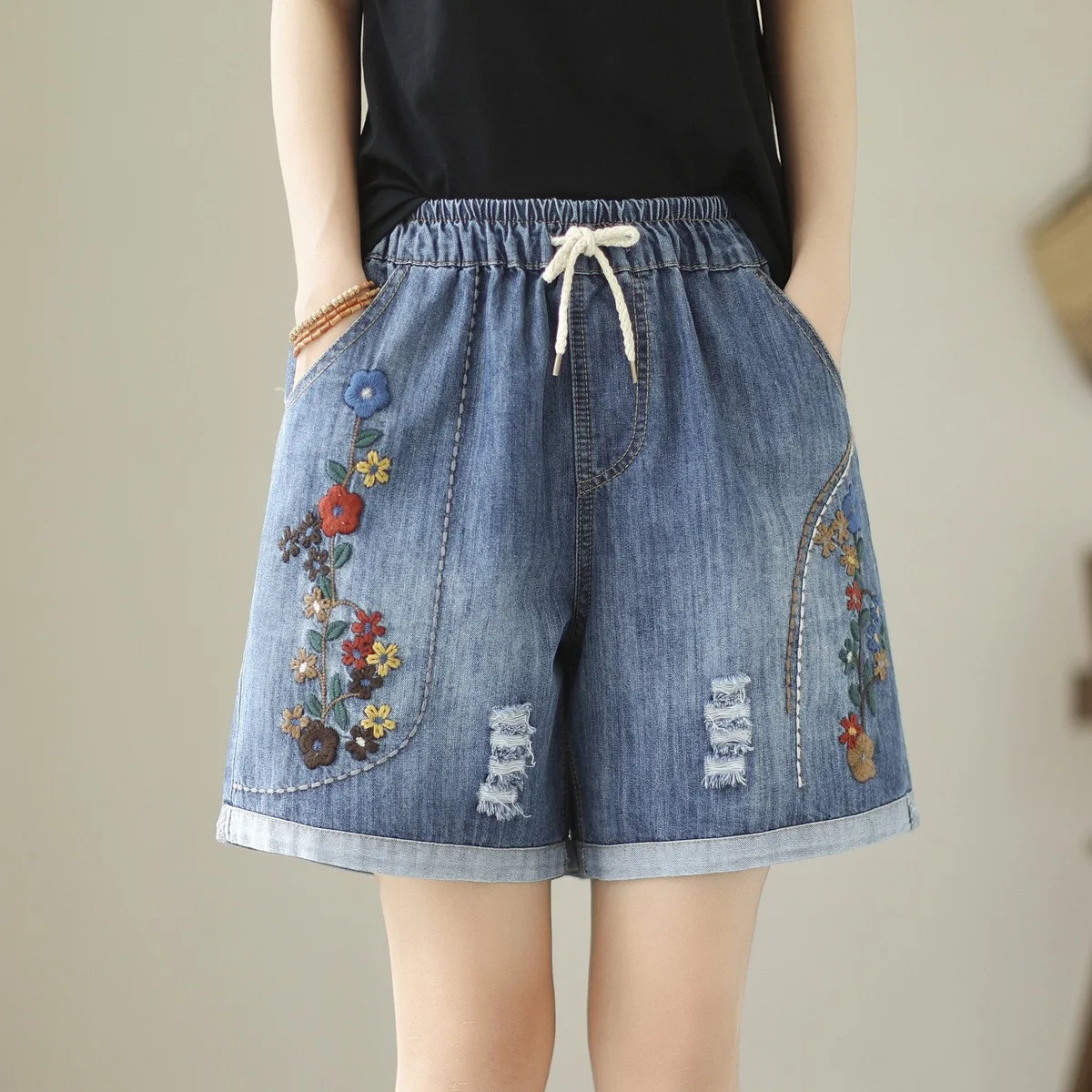 Embroider Shorts Jean For Women Summer Japanese Style Ethnic Elastic ...