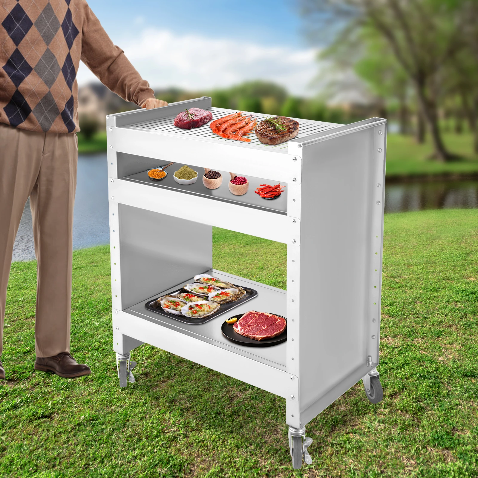 Stainless Steel Grill Cart Wheelcart Mobile Barbecue Trolley Picnic ...