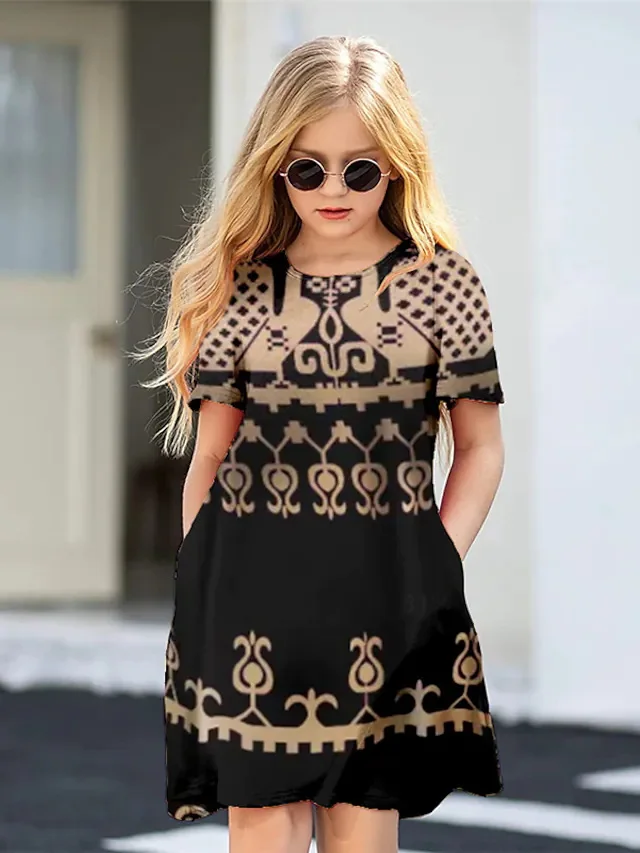 Children-s-Clothing-Short-Sleeved-Dress-Round-Neck-Knee-Length-Pocket ...