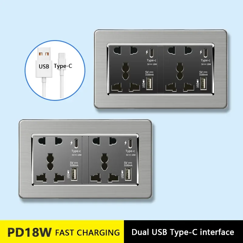 18W-Type-C-Fast-Charging-Universal-5-pin-Dual-Power-Socket-Stainless ...