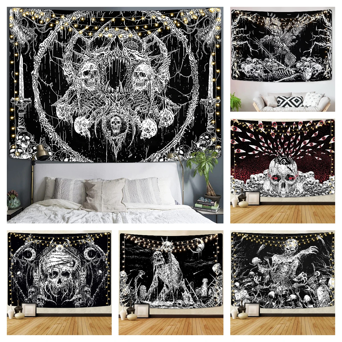 Gothic-Skull-Tapestry-Black-and-White-Skeleton-Tapestry-Wall-Hanging ...