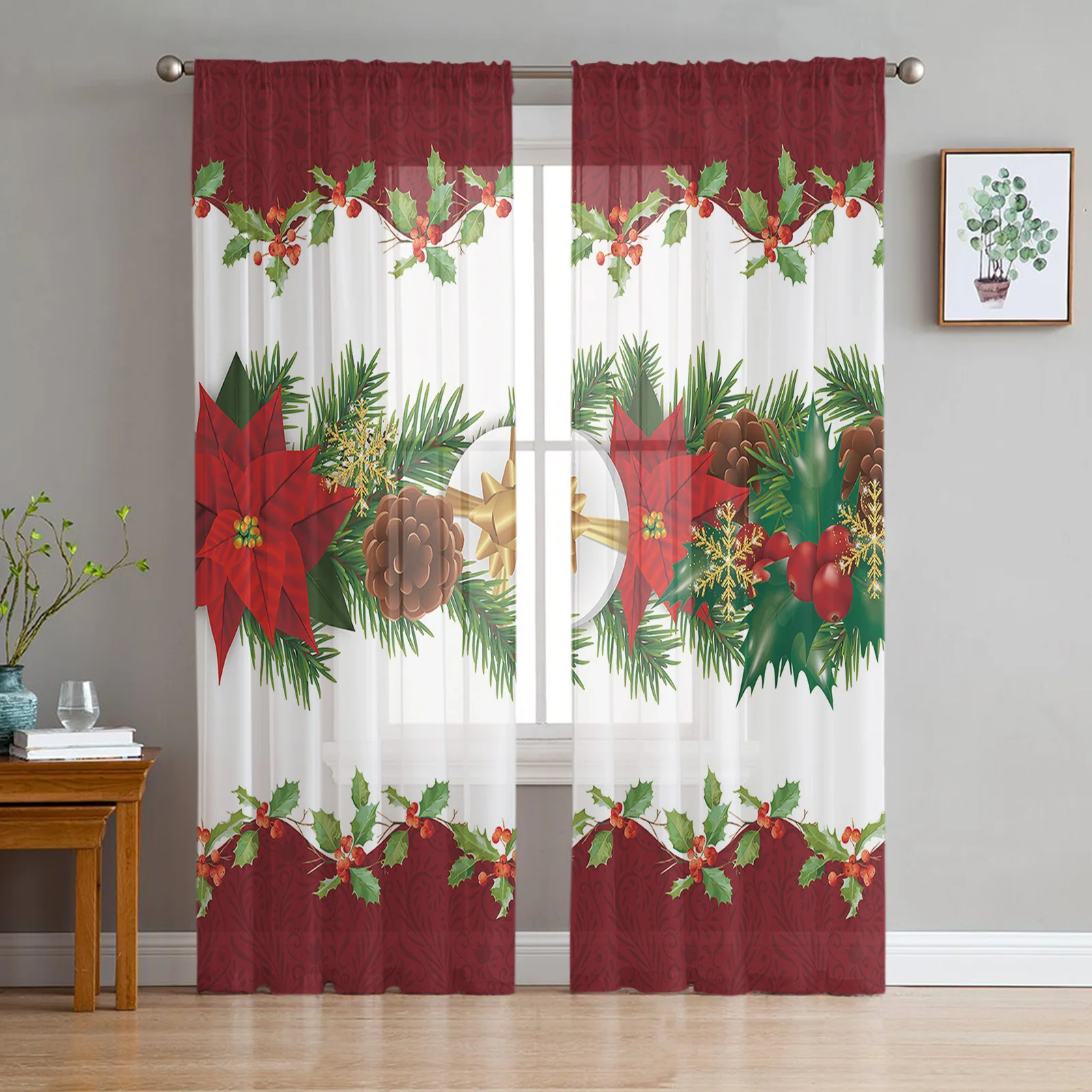 Christmas-Winter-Pine-Cones-Bells-Tulle-Window-Curtain-Livingroom ...