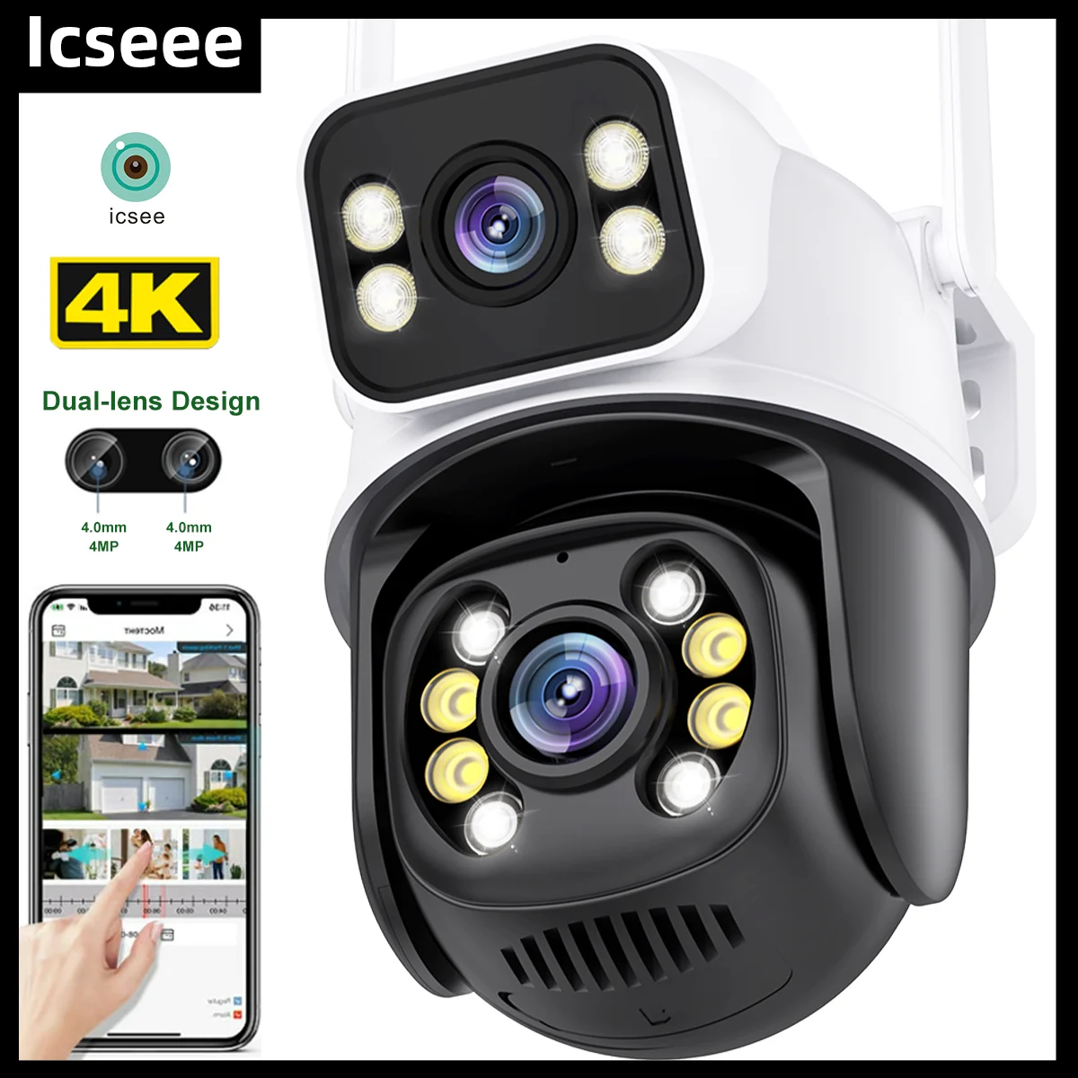 iCseee 8MP 4K PTZ Wifi Camera Dual Lens Multiple Views Ai Human Detect Auto Tracking Wireless ...