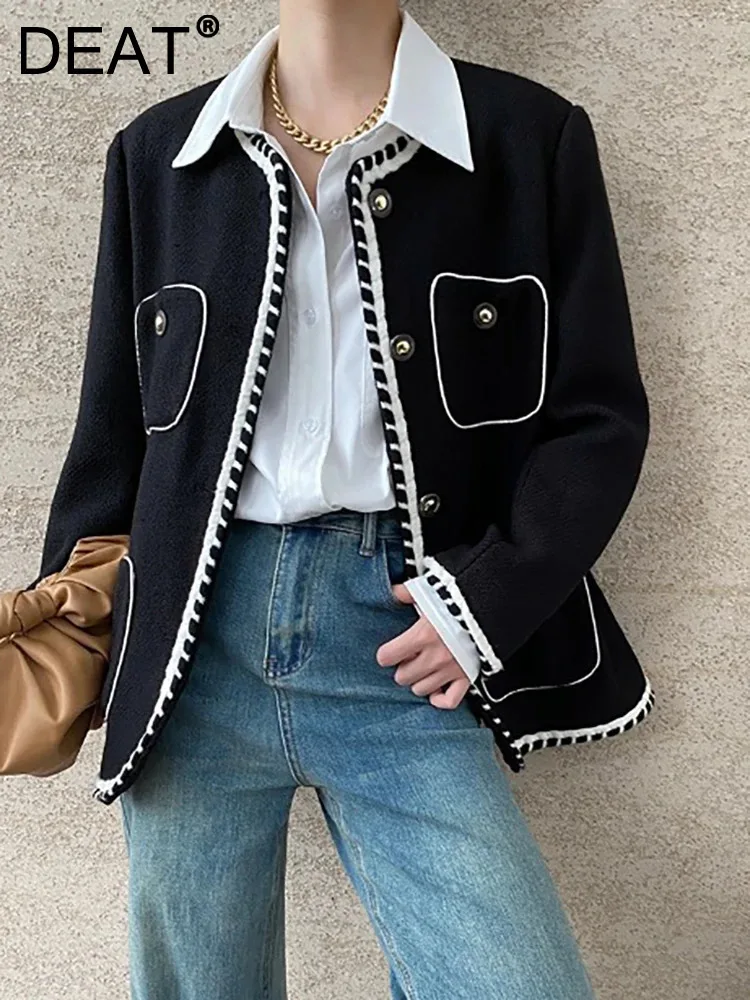 DEAT-Fashion-Women-s-Contrast-Color-Border-Jacket-Round-Neck-Loose ...