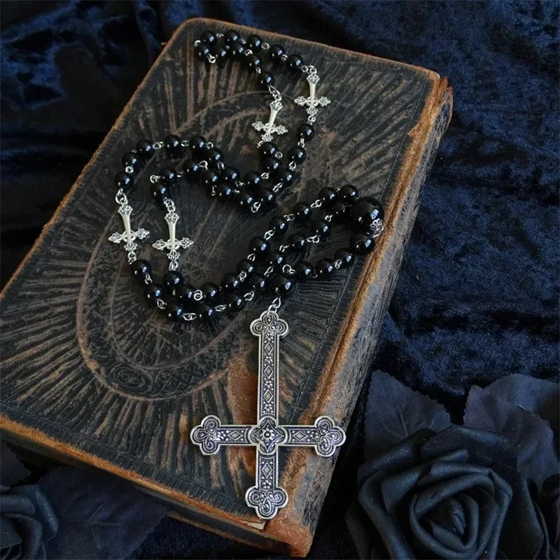 Black-Gothic-rosary-with-a-large-inverted-cross-charm-Occult-Sigil-of ...