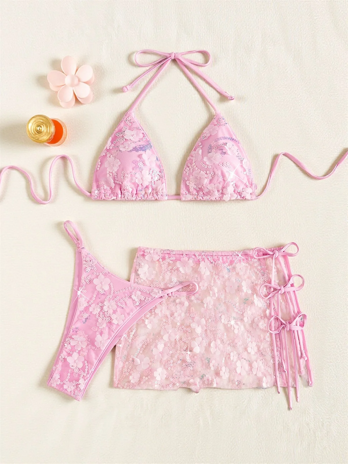 Shiny Sequin Pink Mesh Skirt 3 Piece Bikini Set Women Push Up Bra Thong ...