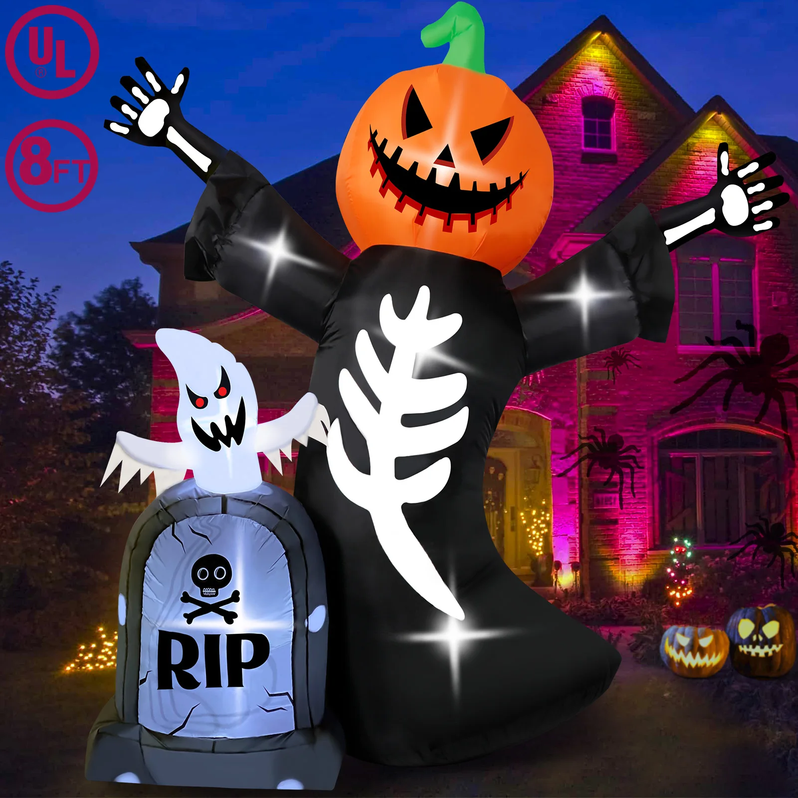 OurWarm-Halloween-Inflatable-Pumpkin-Skeleton-Tombstone-Ghost-Outdoor ...