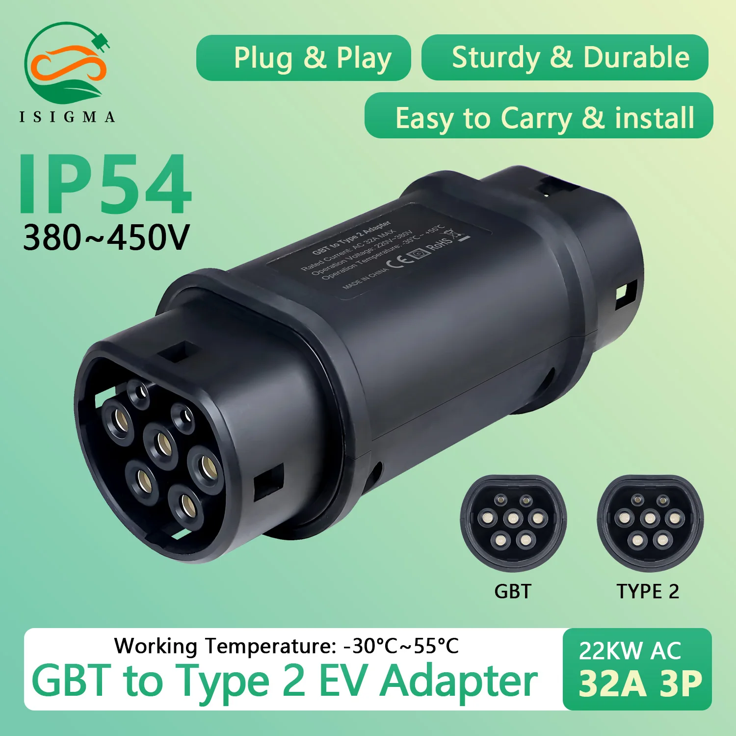 Isigma 7.2KW IP54 GBT to Type 2 EVSE Charging Adapter 22KW GBT To IEC ...