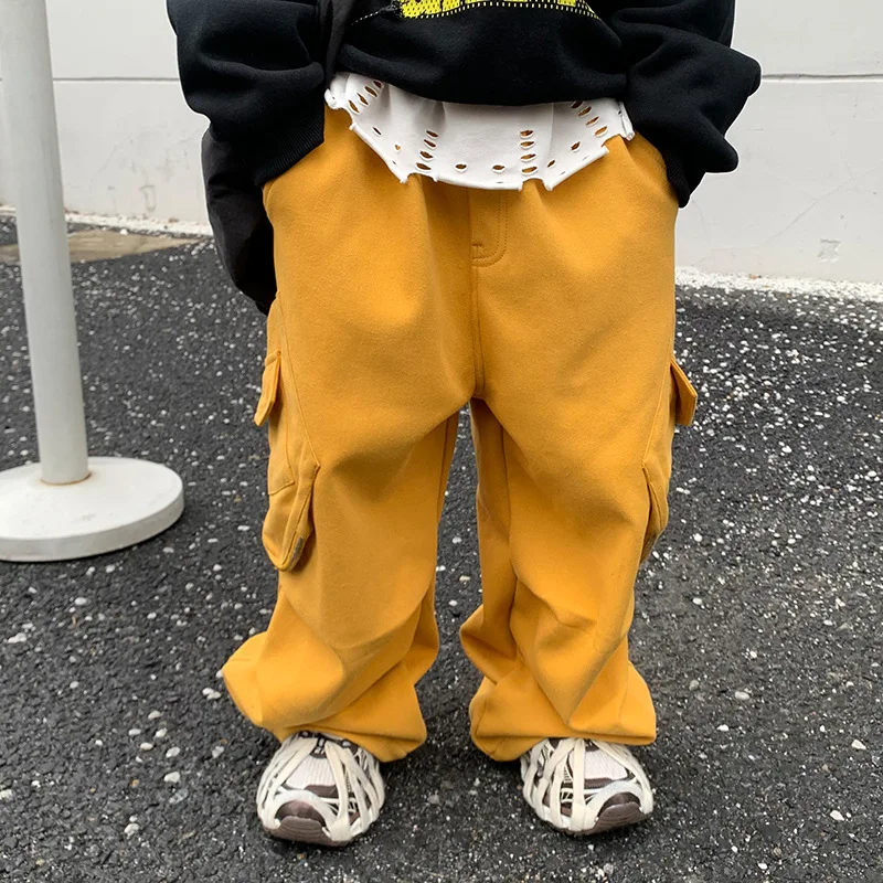 Children-Boys-Autumn-Winter-Yellow-Cargo-Pants-Velvet-Multiple-Pockets ...
