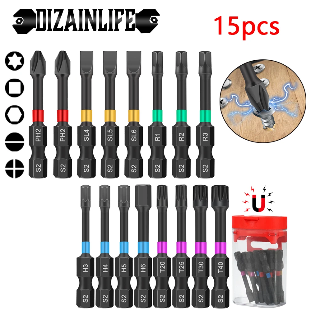 15PCS-Magnetic-Batch-Head-Impact-Electric-Screwdriver-Bit-Set-Magnetic ...