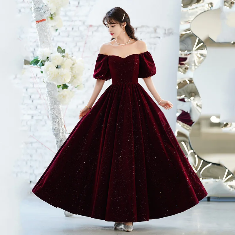 Wine Red Sequins Evening Dress Elegant Square Collar Velvet Princess ...