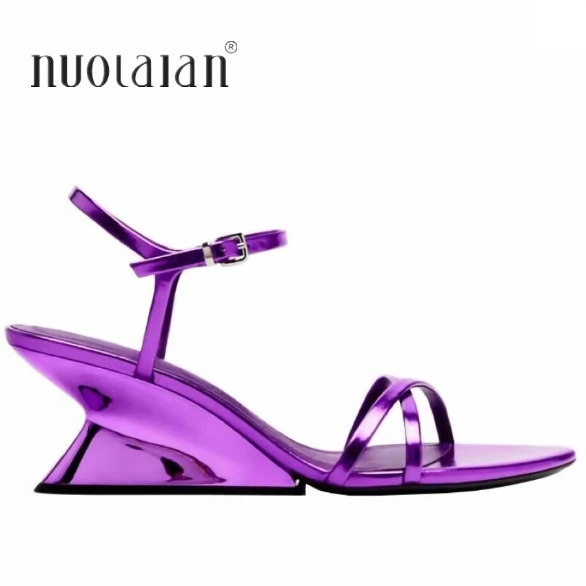 Wedges-High-Heels-Metallic-Purple-Bling-Sandals-For-Women-Narrow-Band ...