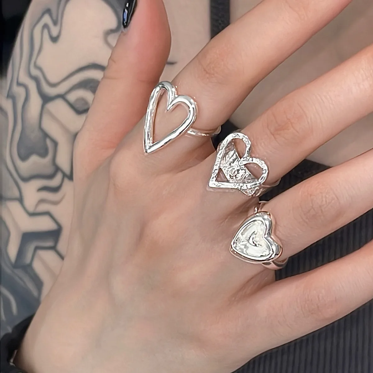 925-Silver-Open-Finger-Ring-Heart-Irregular-Lines-Punk-Geometric ...