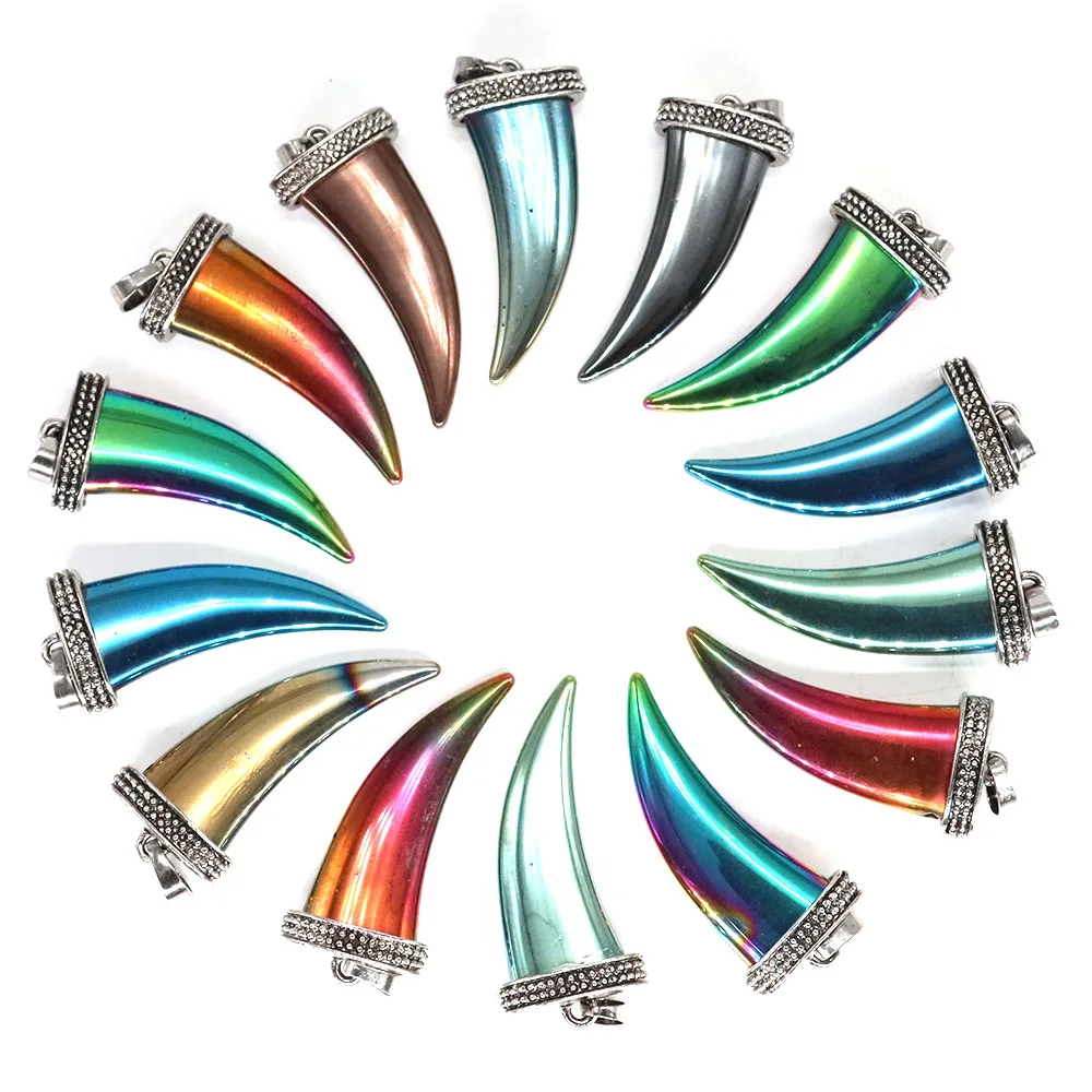 Natural-Rainbow-Hematite-Stones-Plating-Horn-Tooth-Spike-Shaped-Pendant ...