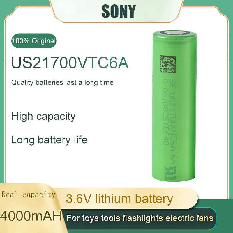 오리지널 소니 VTC6A 21700 US21700VTC6A 4000mAh 3.7V 30A 방전 리튬 충전식 배터리, 손전등 전동 ...