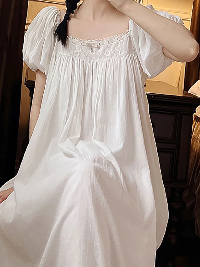 Women Pure Cotton Ruffles Sweet Embroidery Vintage Nightgowns Robe ...