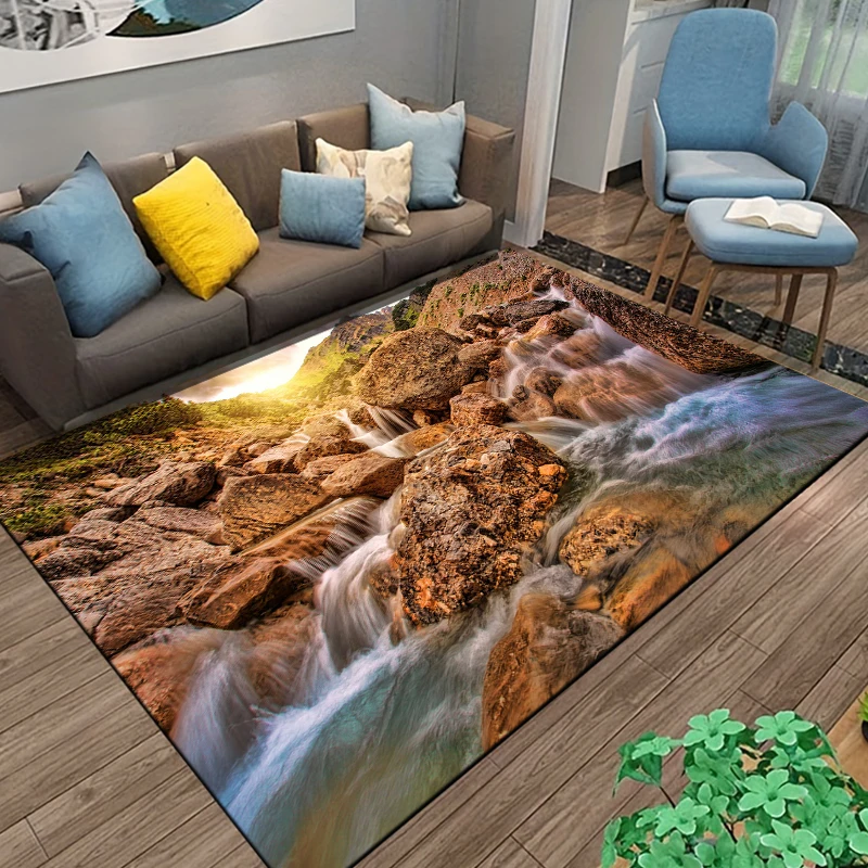 Natural-Scenery-3D-Carpet-For-Living-Room-Green-Forest-Waterfall ...