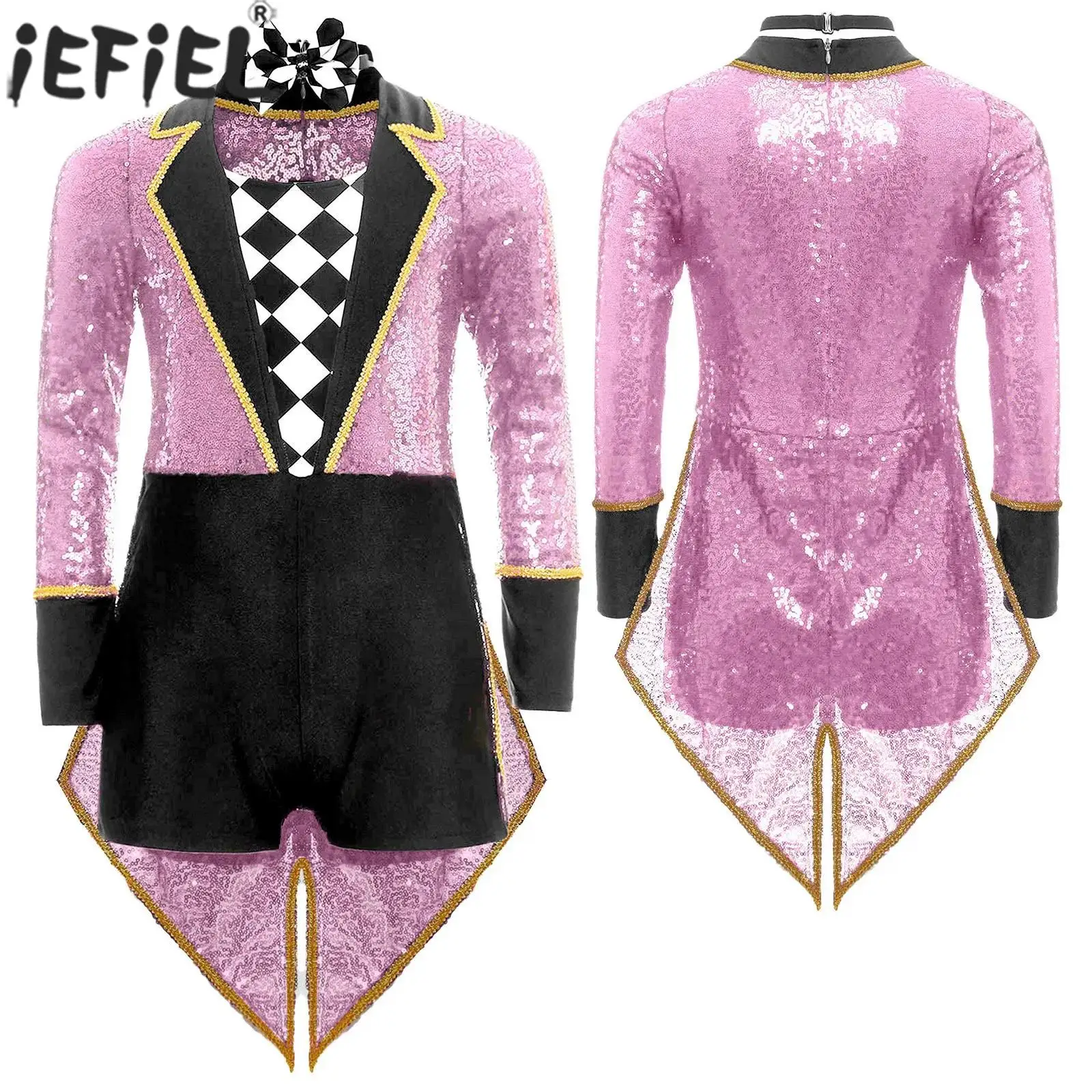 Kids Long Sleeve Sequin Circus Ringmaster Bodysuit Tailcoat with Bow ...