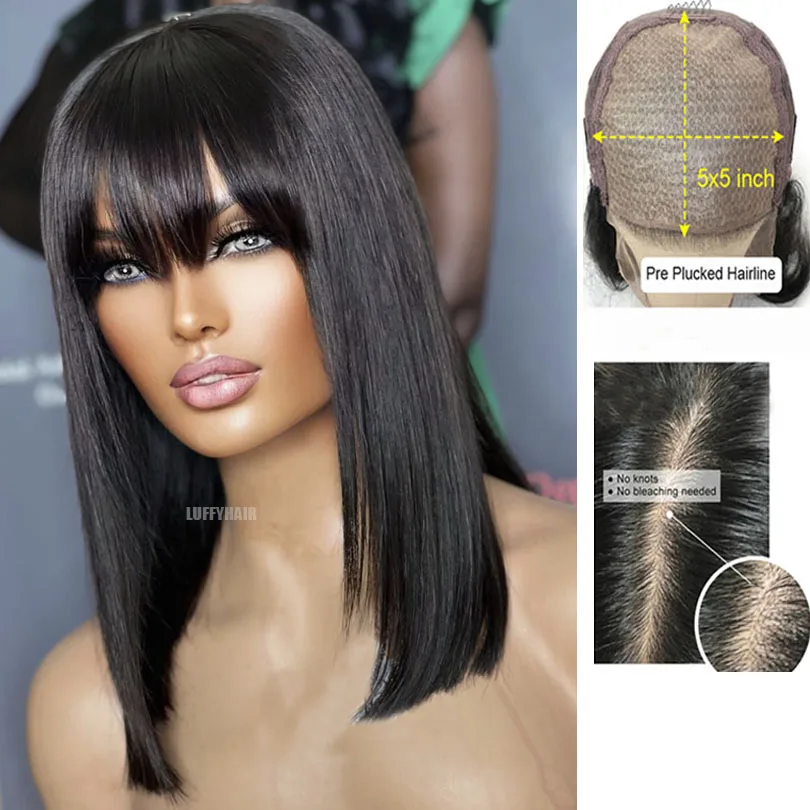 Bangs-Human-Hair-Wig-Bob-16inch-200-Density-Long-Blunt-Bob-5x5-Silk ...