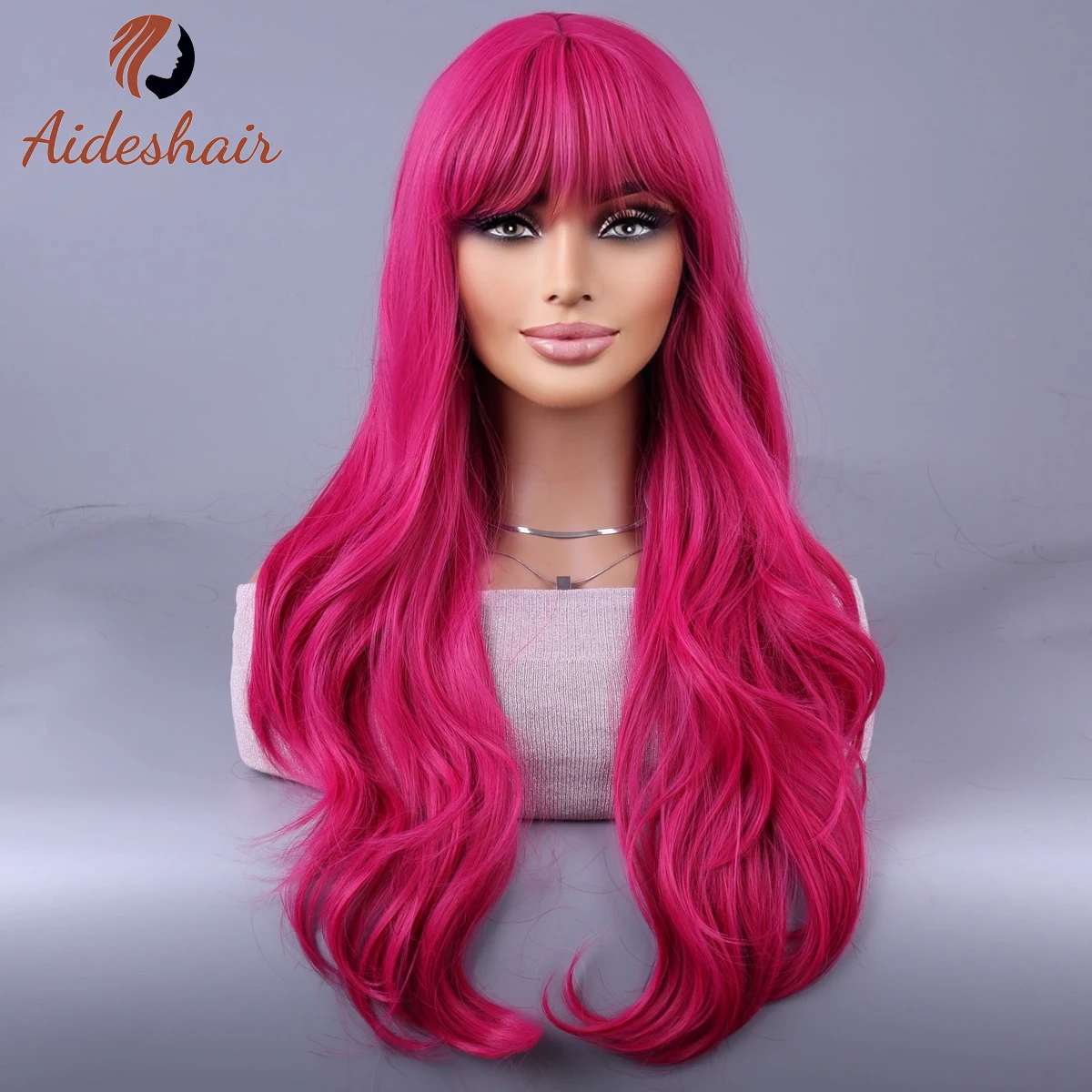 Peluca-rizada-ondulada-con-flequillo-rosa-y-roja-fibra-sint-tica ...