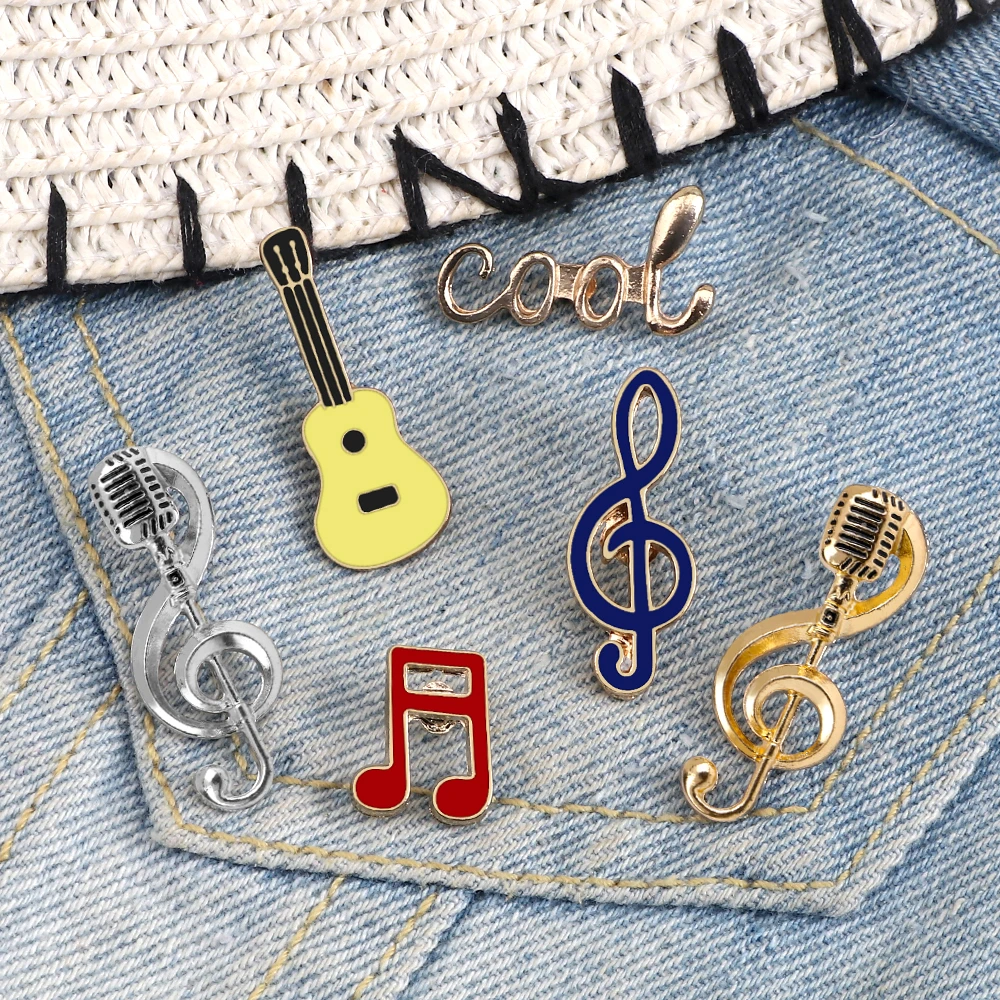 Cool Music Note Enamel Brooches Fashion Guitar Microphone Metal Badges ...