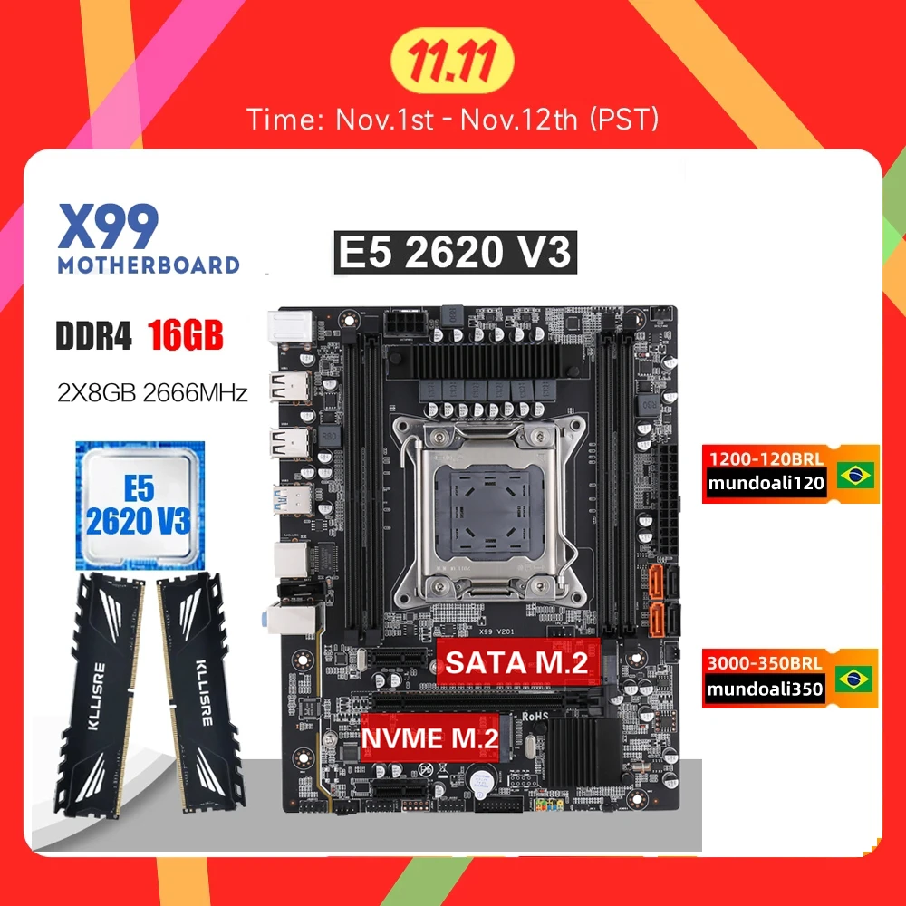 Jogo combo xeon e5 2620 v3 lga 2011 3 da placa mãe de kllisre x99 cpu 2 pces x 8gb = 16gb ...