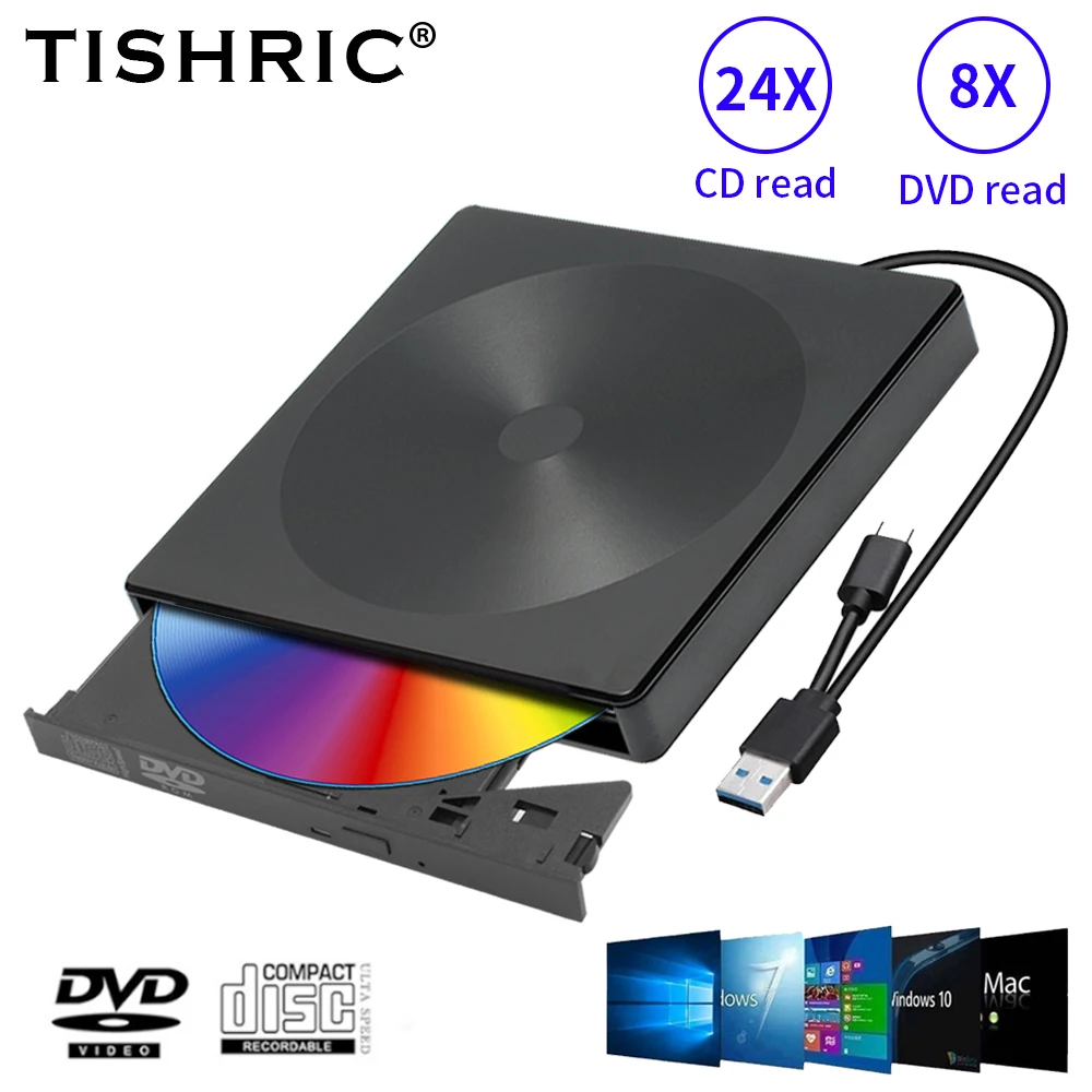 TISHRIC-REPRODUCTOR DE CD y DVD externo USB, DVD-ROM 8X CD-ROM 24X, USB ...