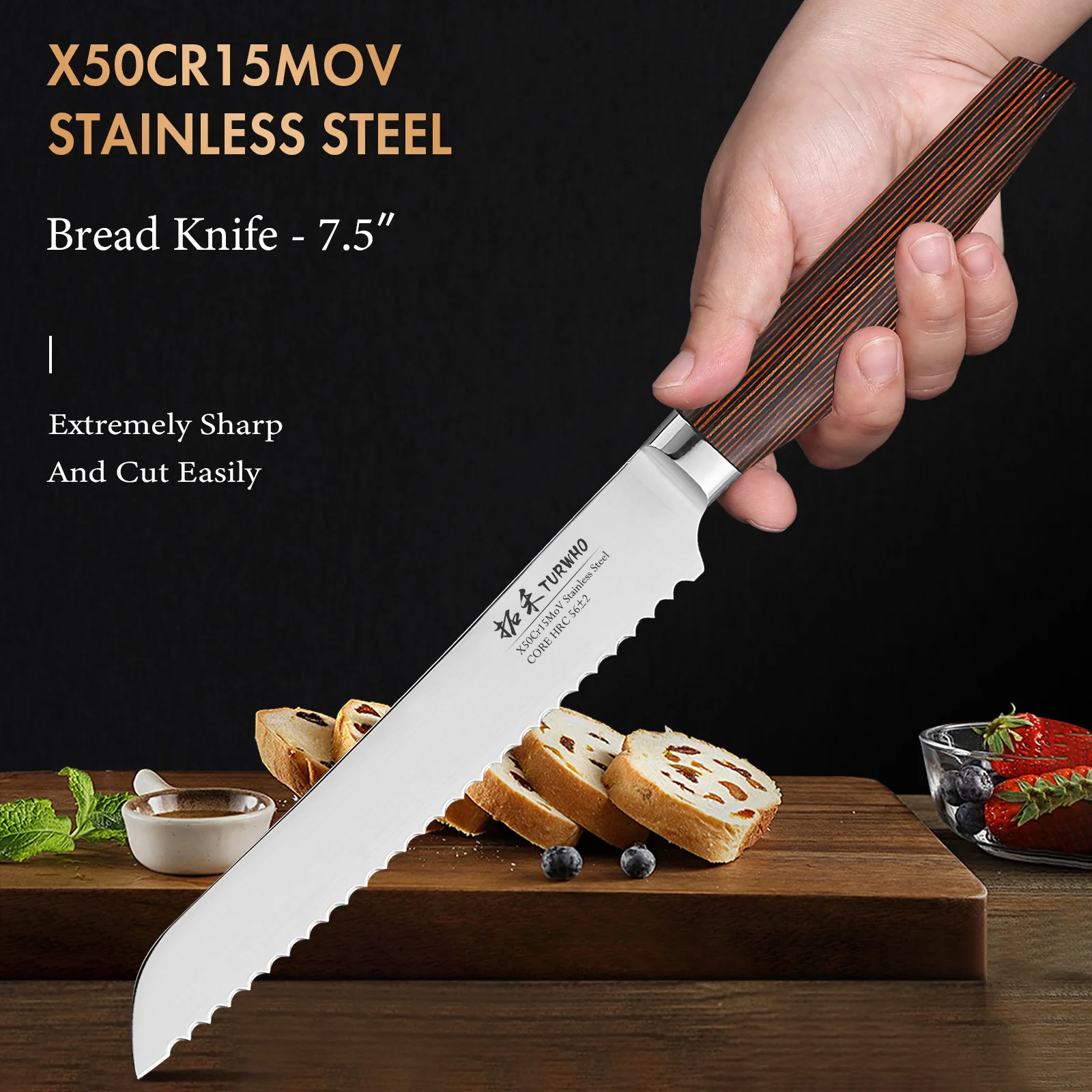TURWHO 7.5 Inch Serrated Bread Knife High Carbon Stainless Steel ...