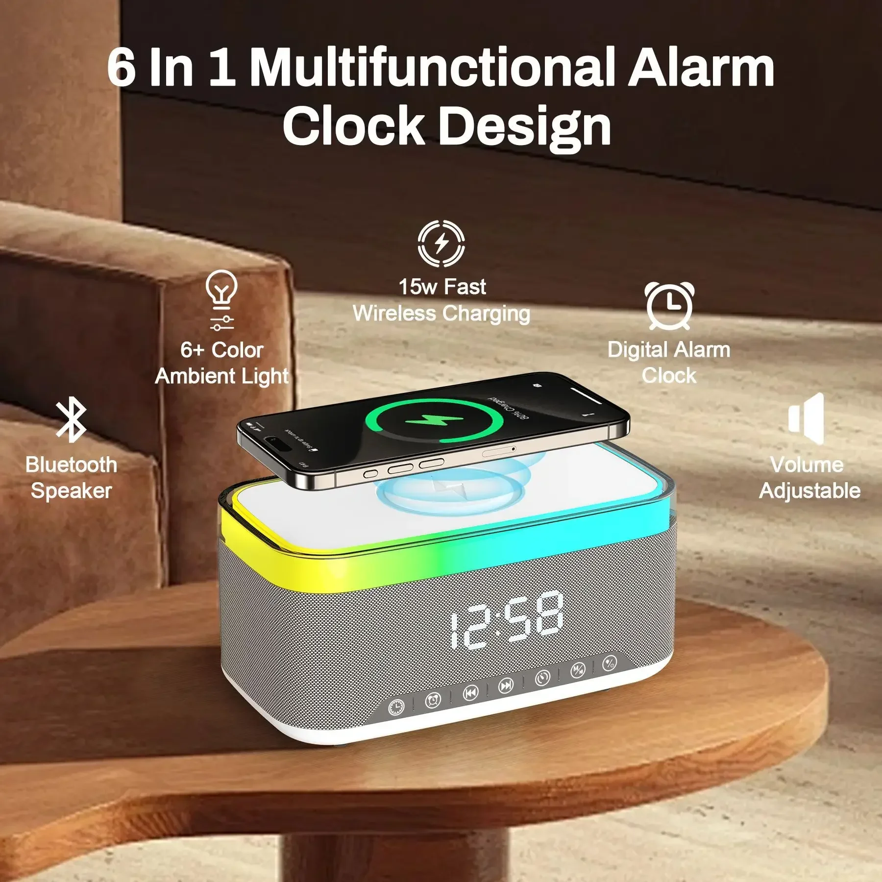 New Smart 6-in-1 Bluetooth Speaker 60W Wireless Charger Bedhead Night ...