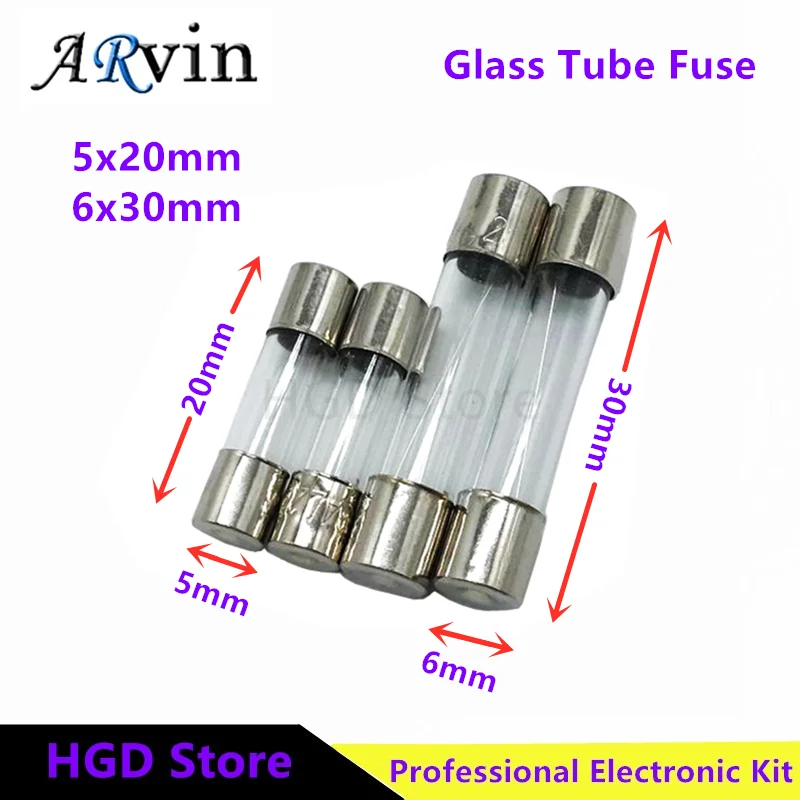 10pcs/Lot Glass Tube Fuse 5x20MM 6X30MM 0.1A 0.2A 0.5A 1A 2A 3A 4A 5A 6.3A 7A 8A 10A 12A 15A 20A ...