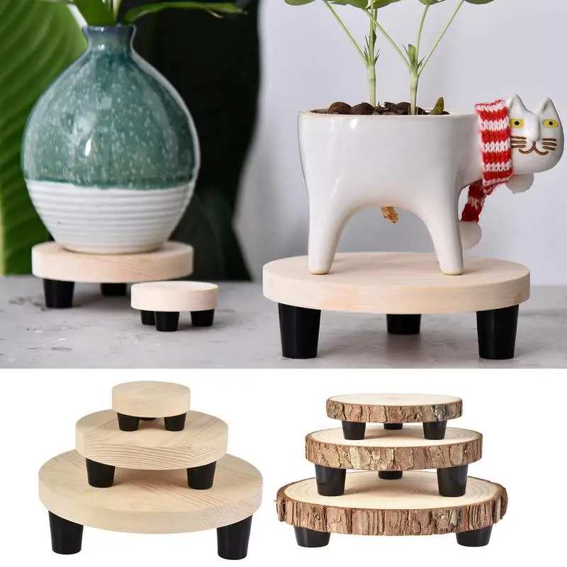 3pcs Wood Round Bench Flower Pot Holder Plant And Succulent Flower Pot ...