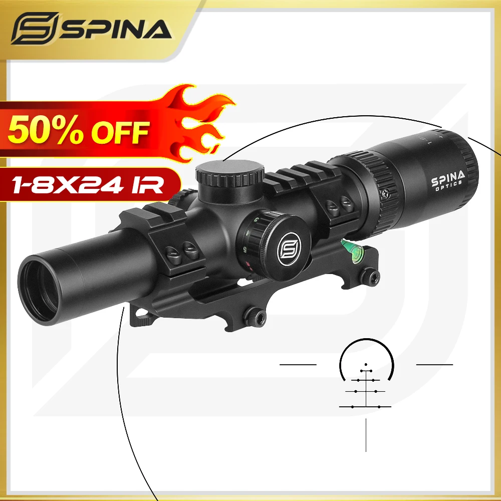 Spina optics 1 8x24 ir long eye relief rifle scope 1/2 moa turret r & g iluminado retículo ...