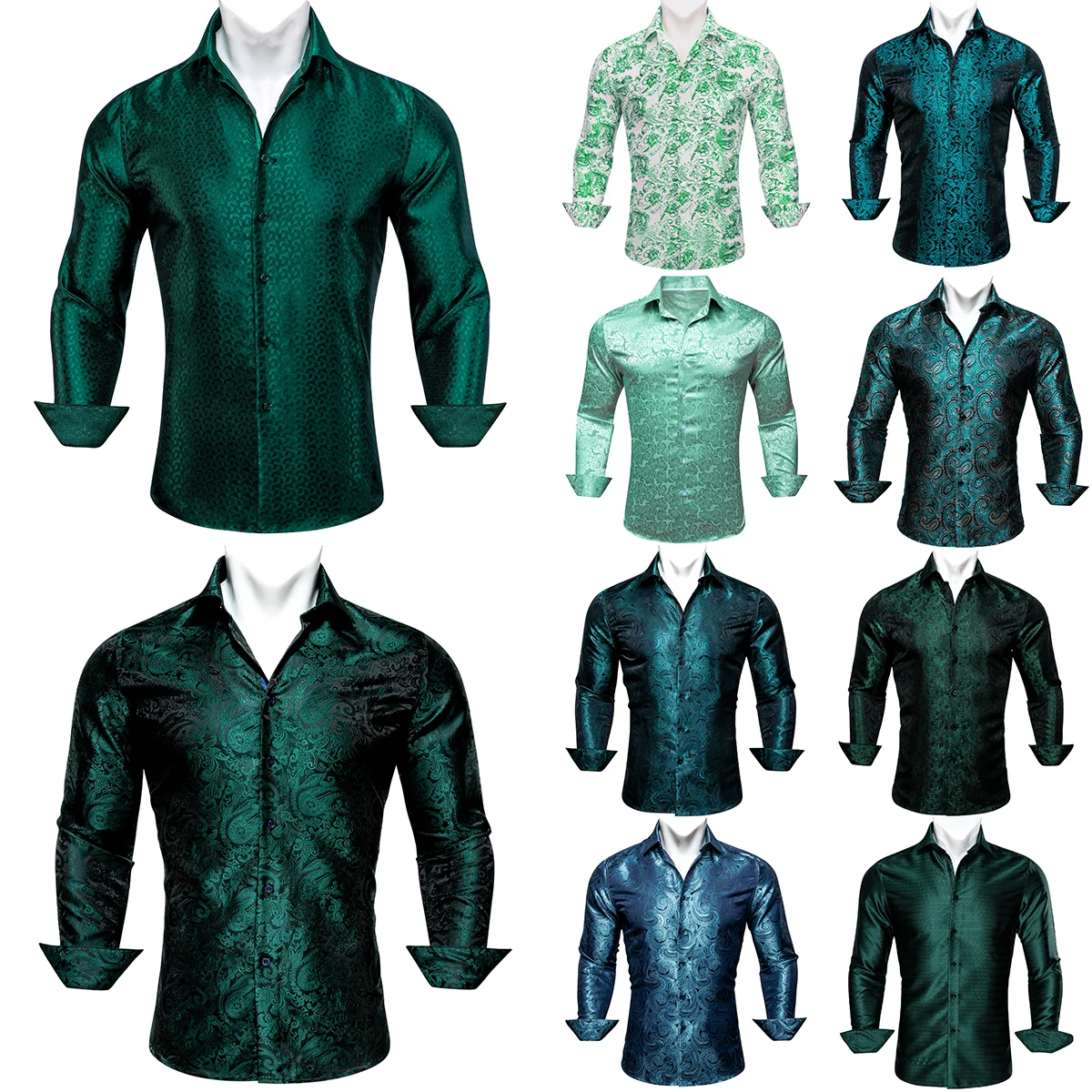 Luxury-Silk-Shirts-for-Men-Green-Solid-Paisley-Floral-Long-Sleeve-Slim ...