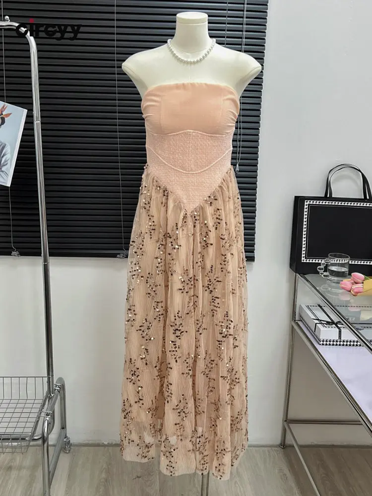 Dress-for-Women-Shiny-Strapless-Black-Pleated-Backless-Patchwork-Mesh ...