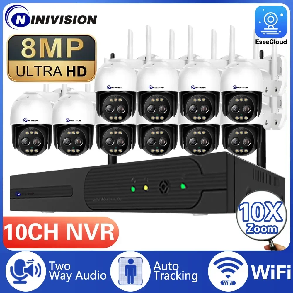 8MP 10X PTZ Zoom Wireless CCTV System H.265 10CH NVR Set WIFI IP Camera ...