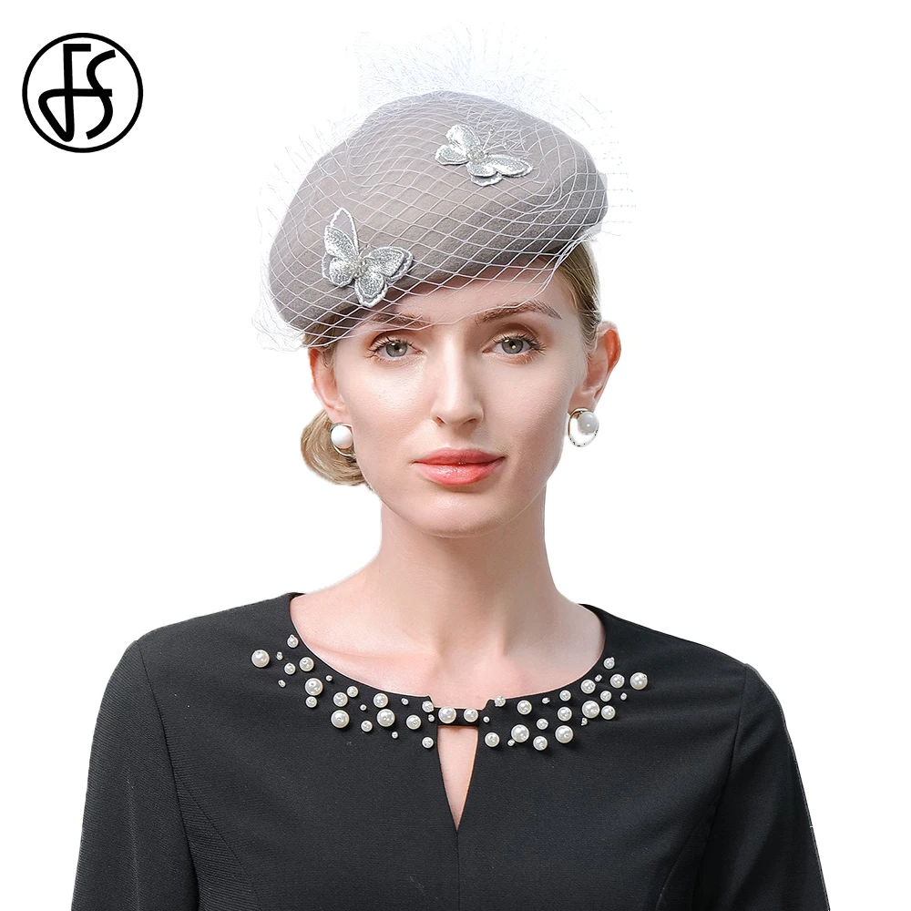 FS Elegant Vintage 100% Wool Beret Women Hats With Veil Winter Bridal ...