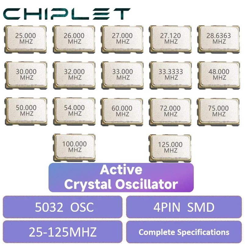 Oscilador de cristal activo, 5 piezas, SMD 5032, OSC, 4 pines, 25MHZ, 27MHZ, 30MHZ, 33MHZ, 40MHZ ...