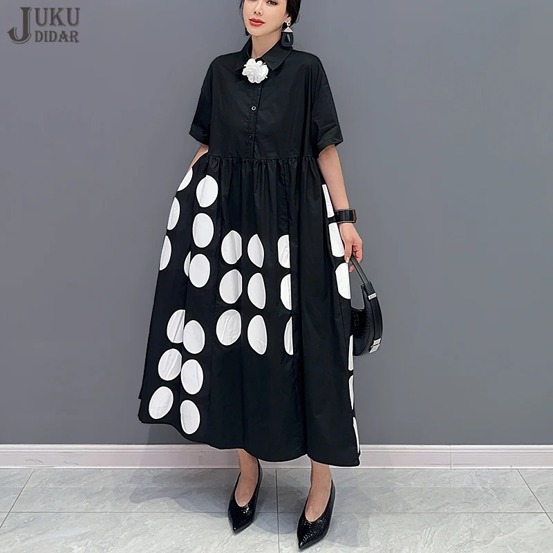 New-Summer-Korean-Style-Large-Dots-Printed-Black-White-Woman-Long-Shirt ...